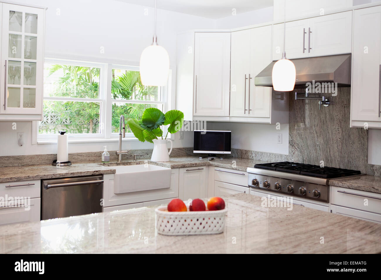 Counter, stove and sink in modern kitchen Stock Photo - Alamy