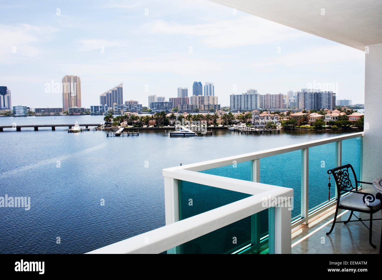 Modern balcony overlooking city skyline, Miami, Florida, United States ...