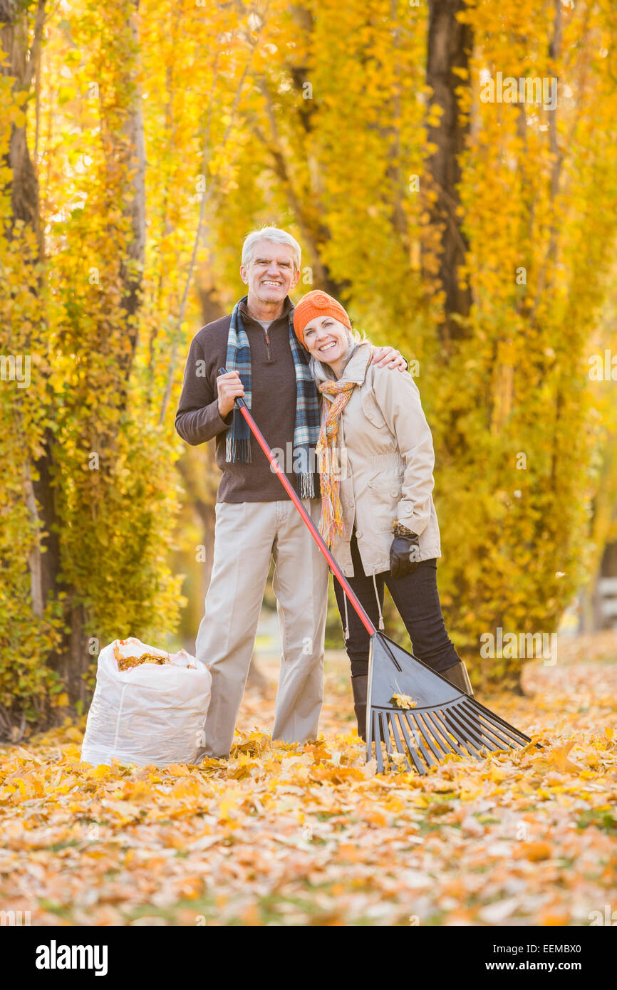 Older Caucasian couple raking autumn leaves Stock Photo - Alamy