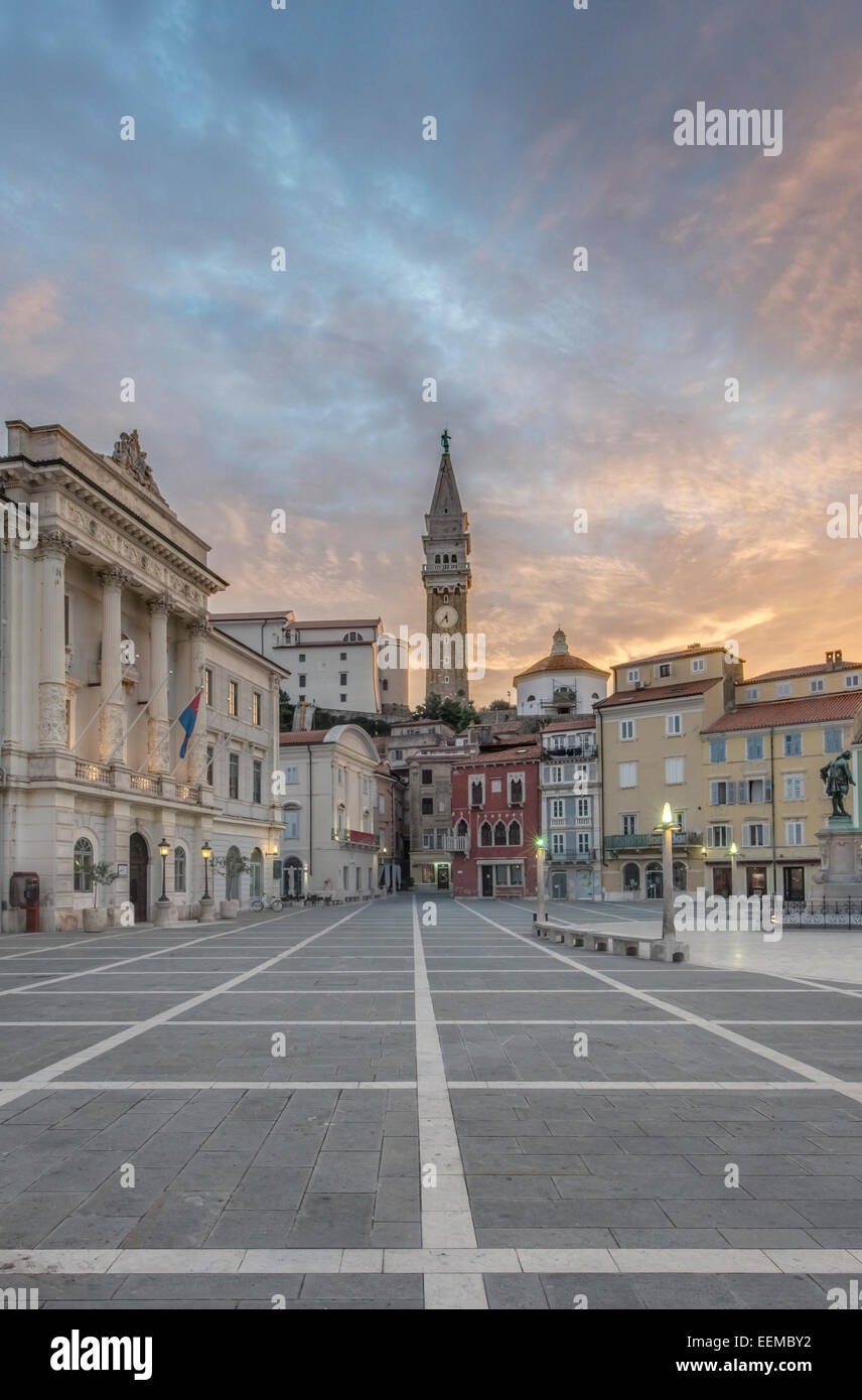 Clock tower, buildings and town square at sunrise, Piran, Coastal-Karst ...