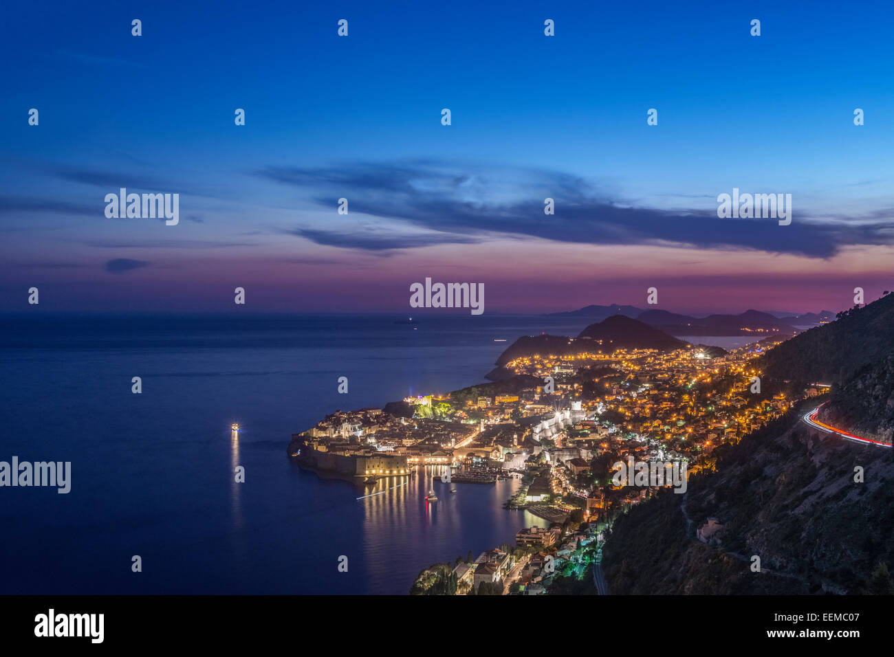 Aerial view of coastal city illuminated at night, Dubrovnik, Dubrovnik ...