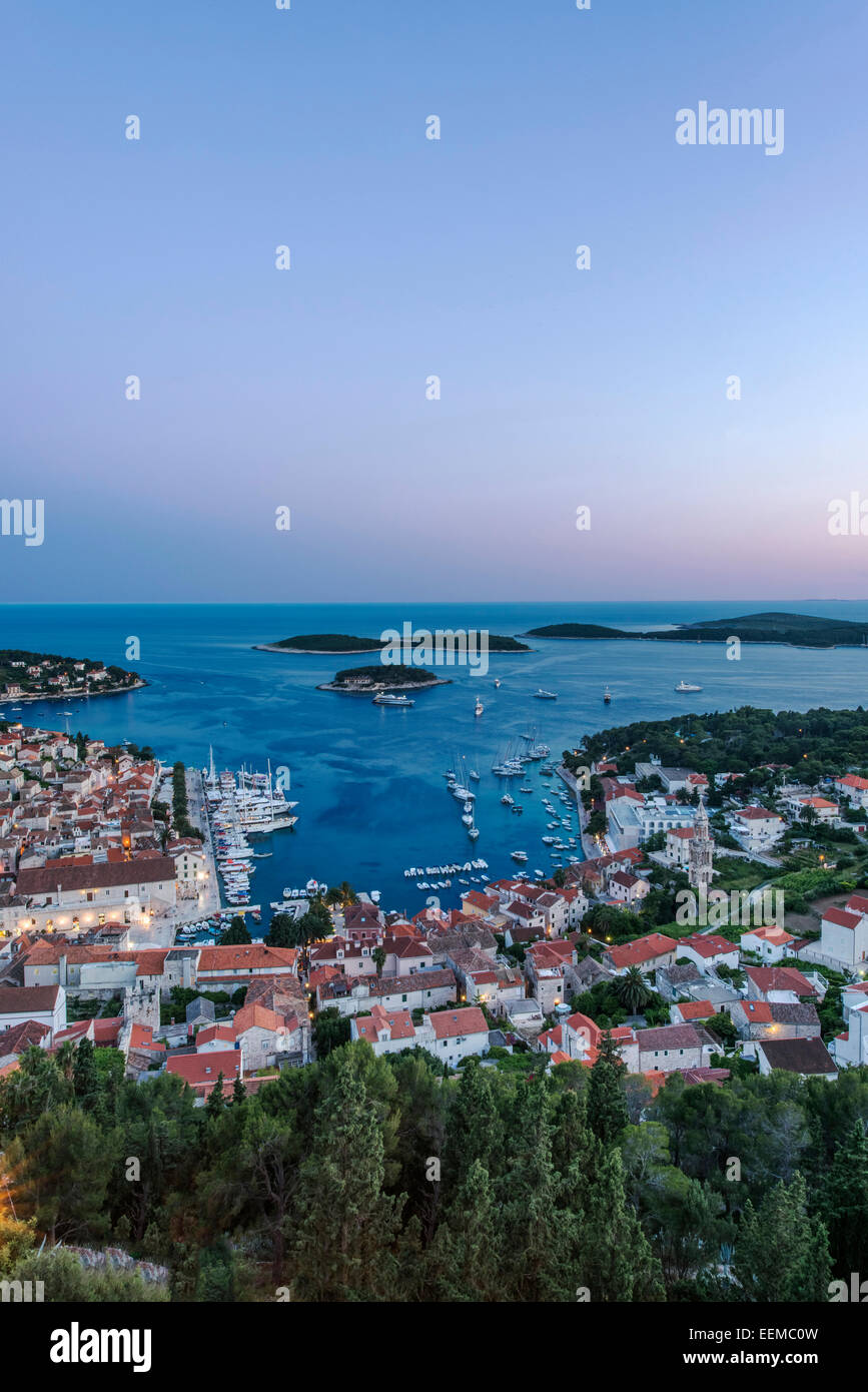 Aerial view of coastal town on hillside, Hvar, Split, Croatia Stock ...