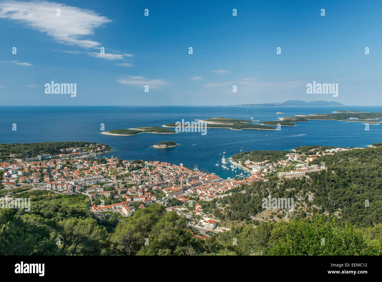 Aerial view of coastal town and hillside, Hvar, Split, Croatia Stock ...