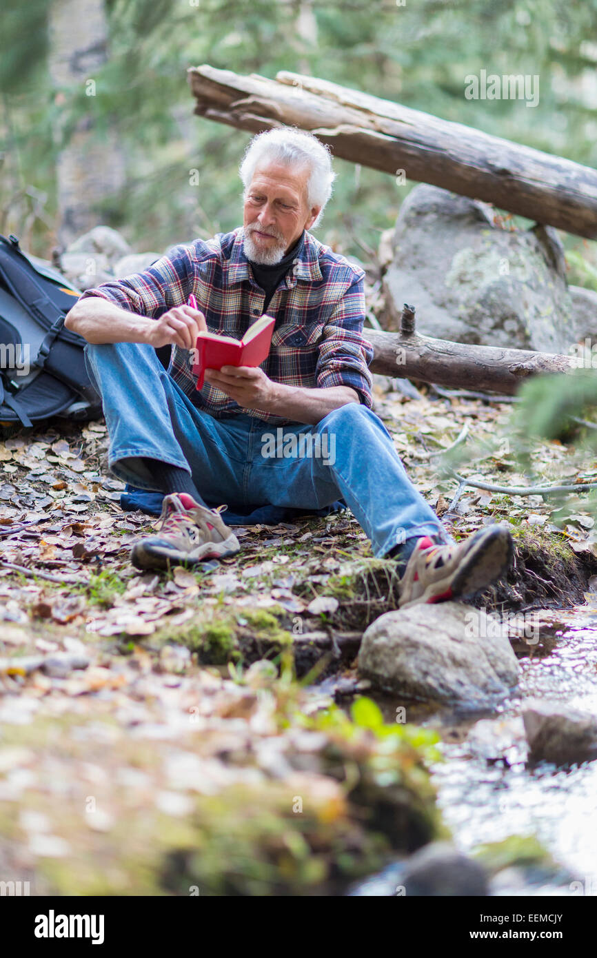 Caucasian hiker writing in forest Stock Photo - Alamy