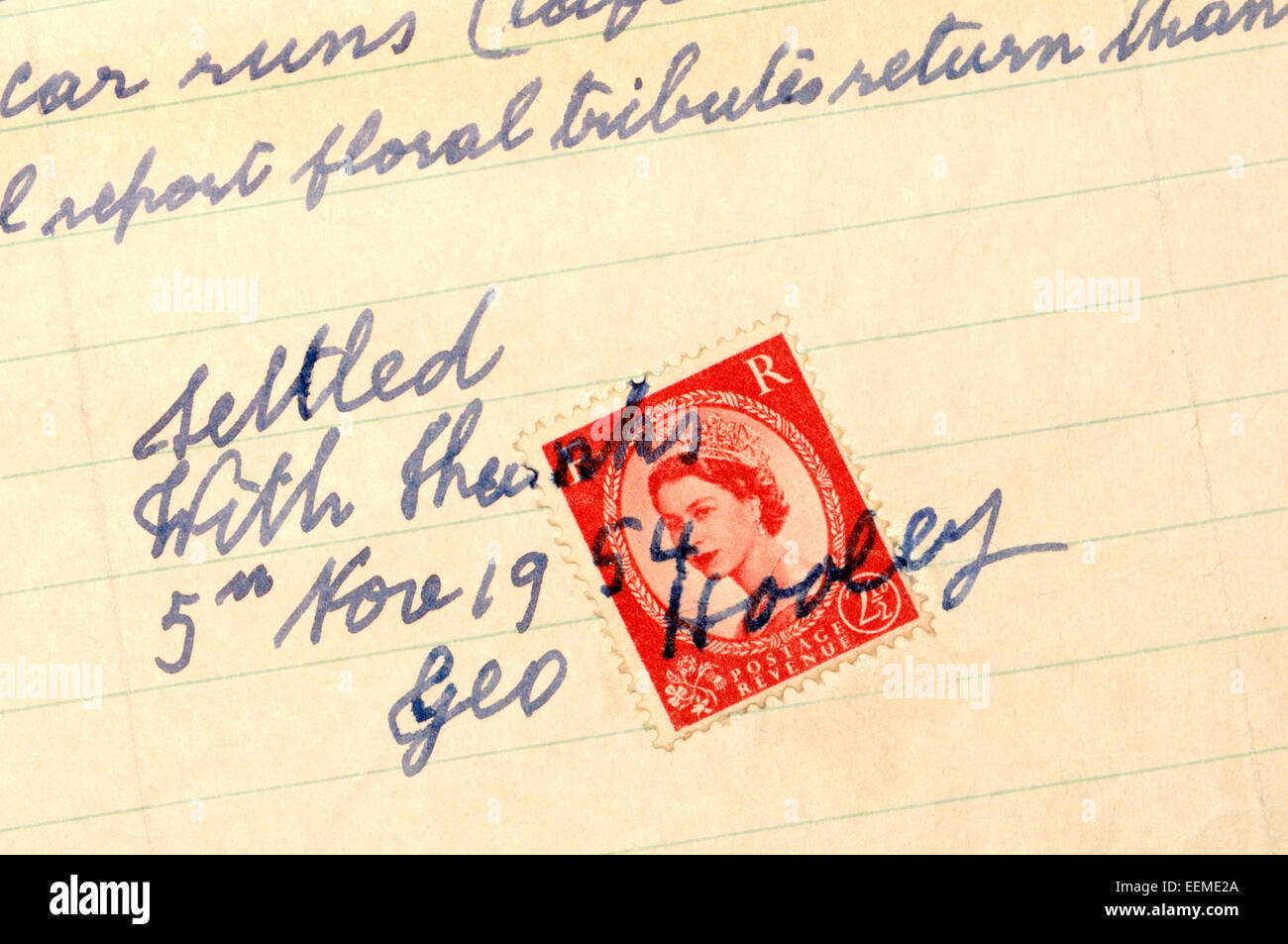 Postage stamp used to legally validate receipt - Elizabeth II, 1954 ...