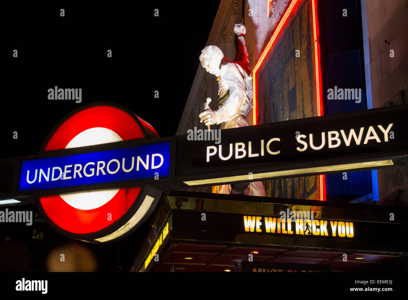 Underground roundel and Public Subway sign outside Dominion Theatre ...