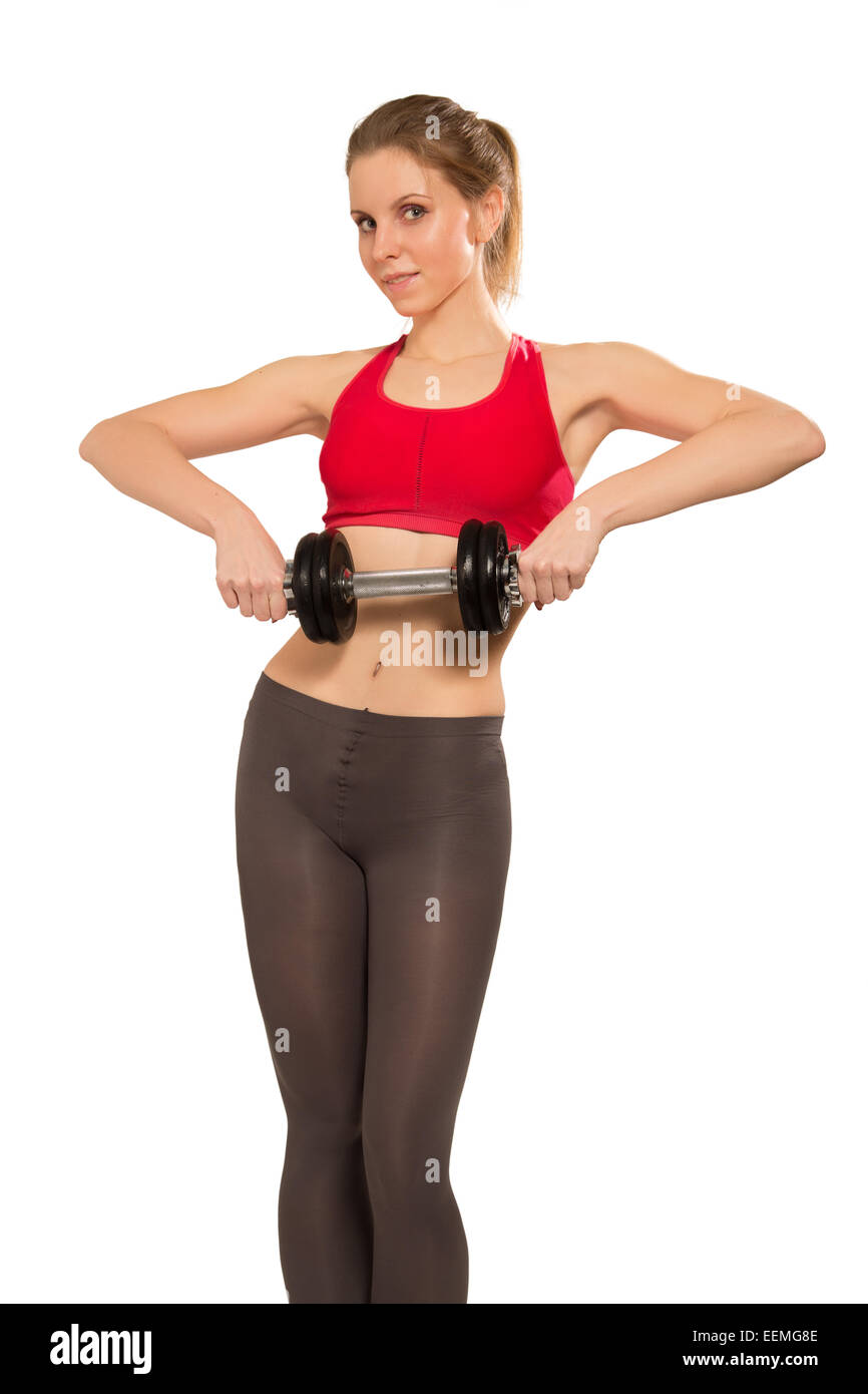 pretty woman with dumbbell isolated on white background Stock Photo - Alamy