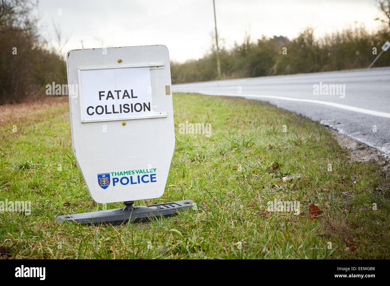 Police signs near the scene of a fatal accident on a rural road Stock ...