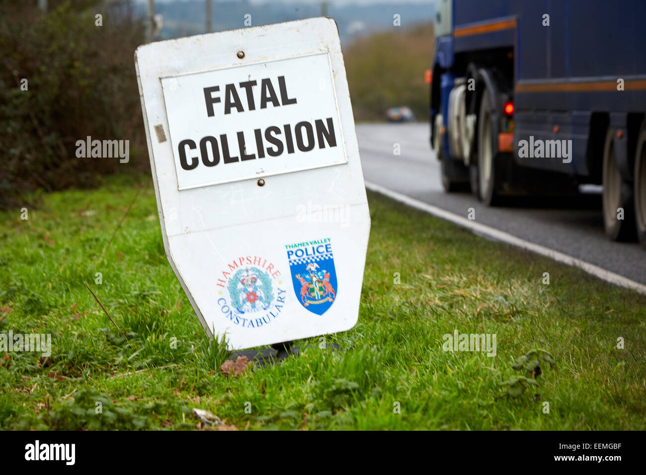 Police signs near the scene of a fatal accident on a rural road Stock ...