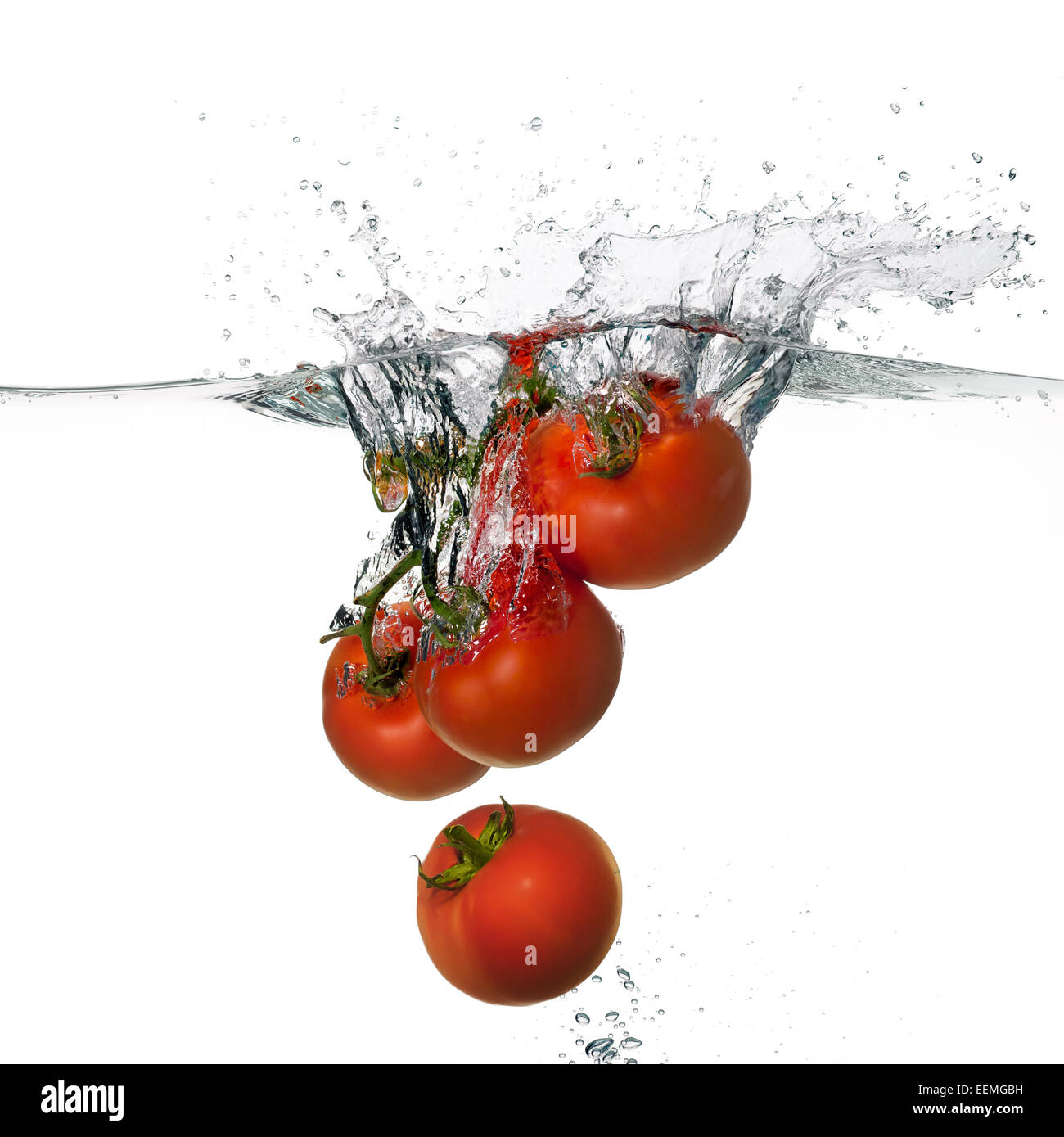 Closeup of fresh and health tomatoes falling into clear water with big ...