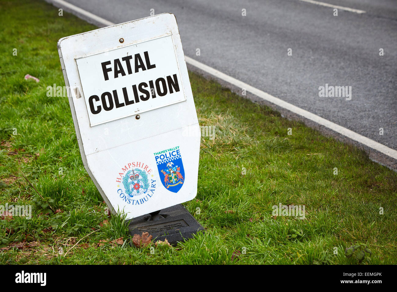 Police signs near the scene of a fatal accident on a rural road Stock ...