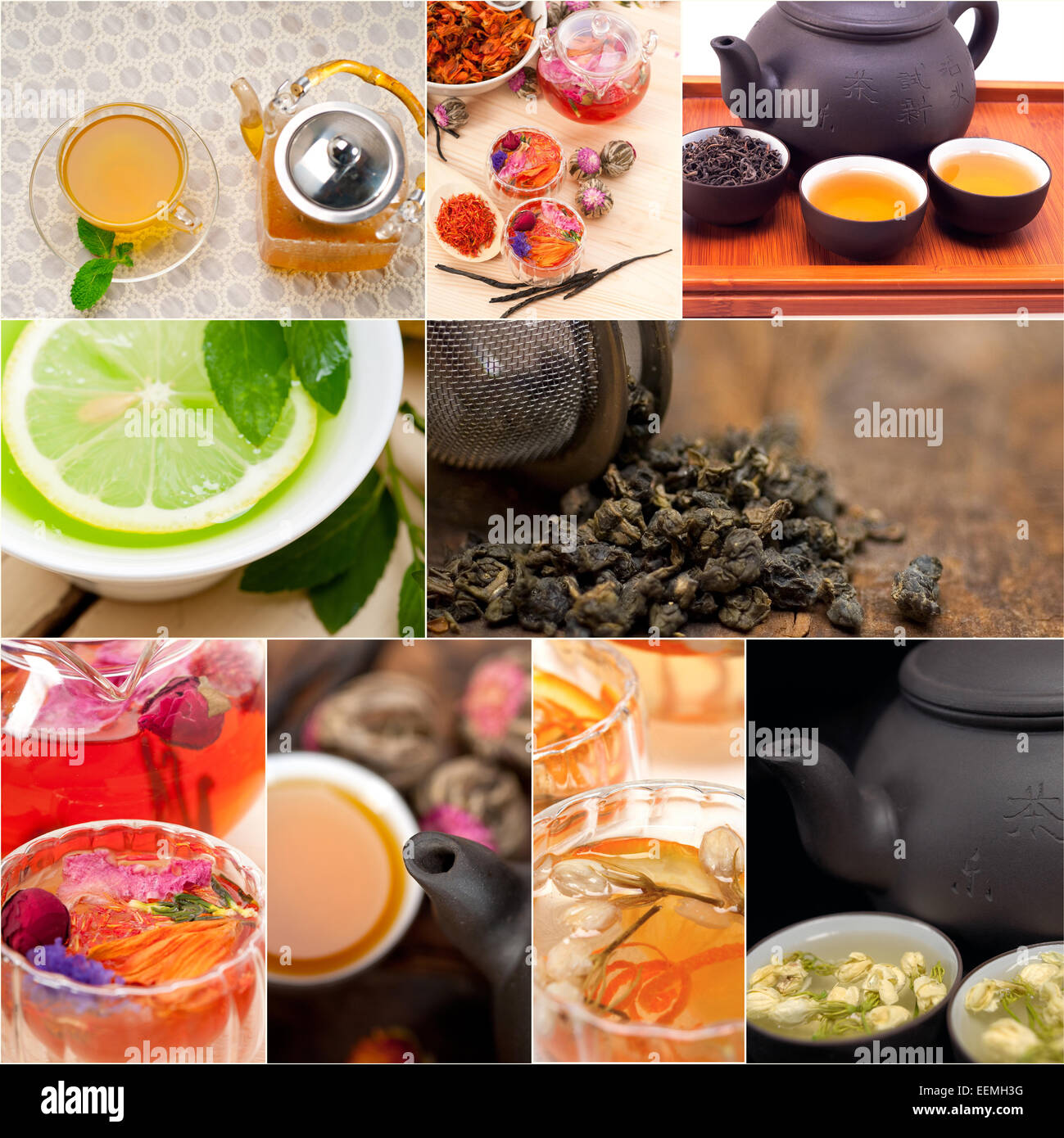 collection of different herbal tea infusion collage white frame Stock ...