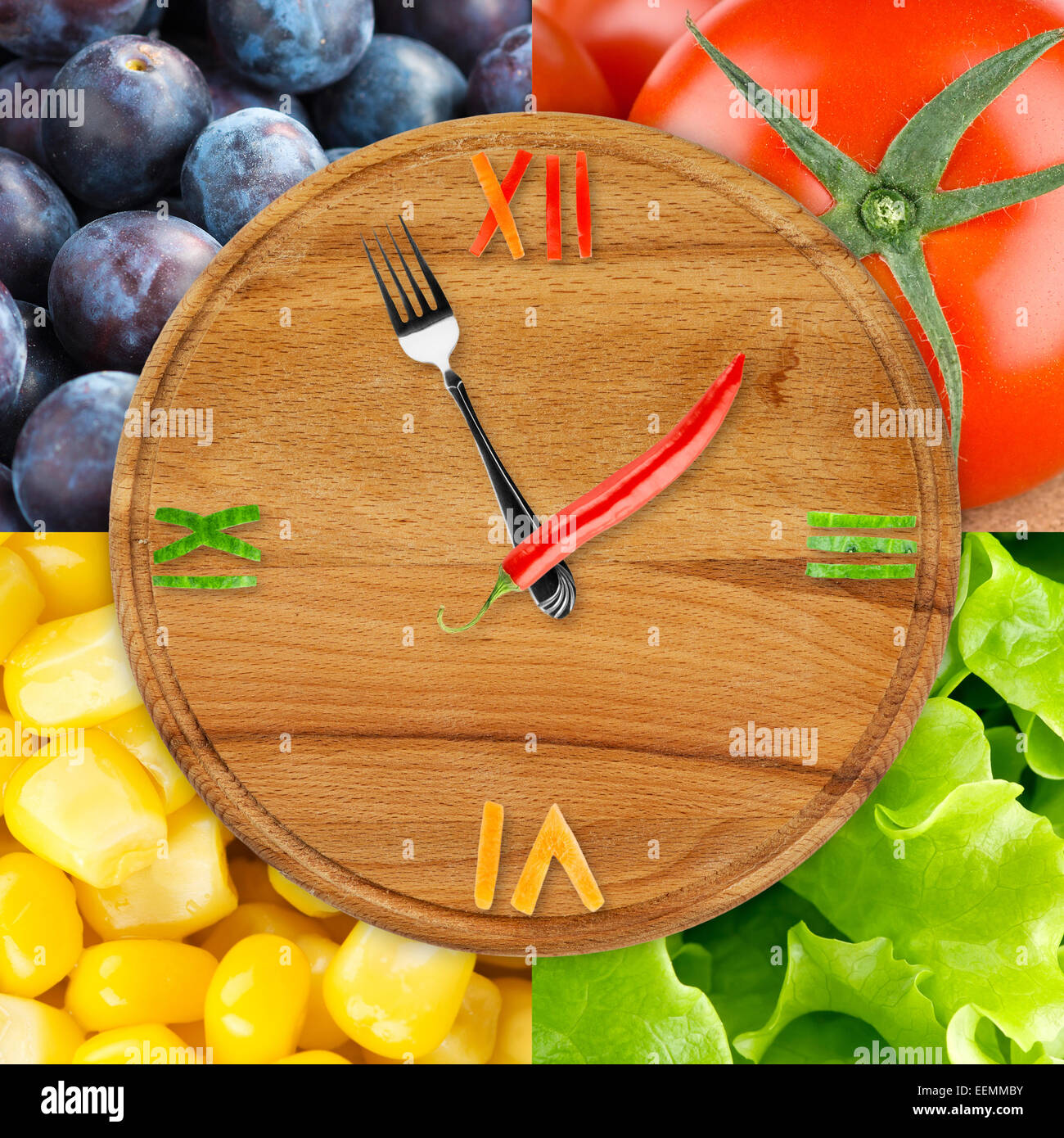 Food clock with vegetables and fruits. Food concept background Stock ...