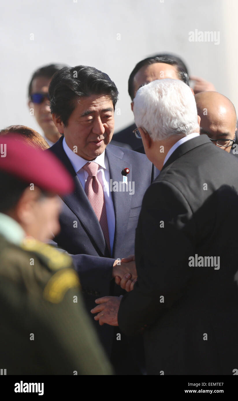 Ramallah. 20th Jan, 2015. Japan's Prime Minister Shinzo Abe (L) shake ...