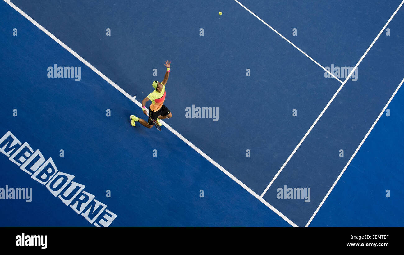 Melbourne, Australia. 20th Jan, 2015. Zhang Ze of China serves the ball ...