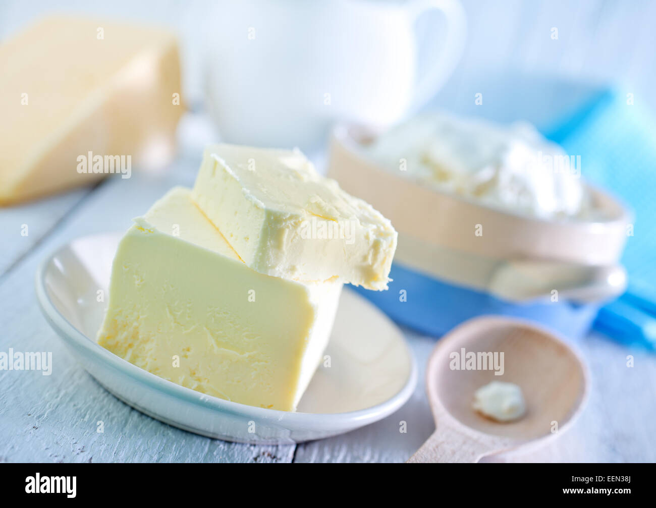 milk products on a table, butter and milk Stock Photo - Alamy