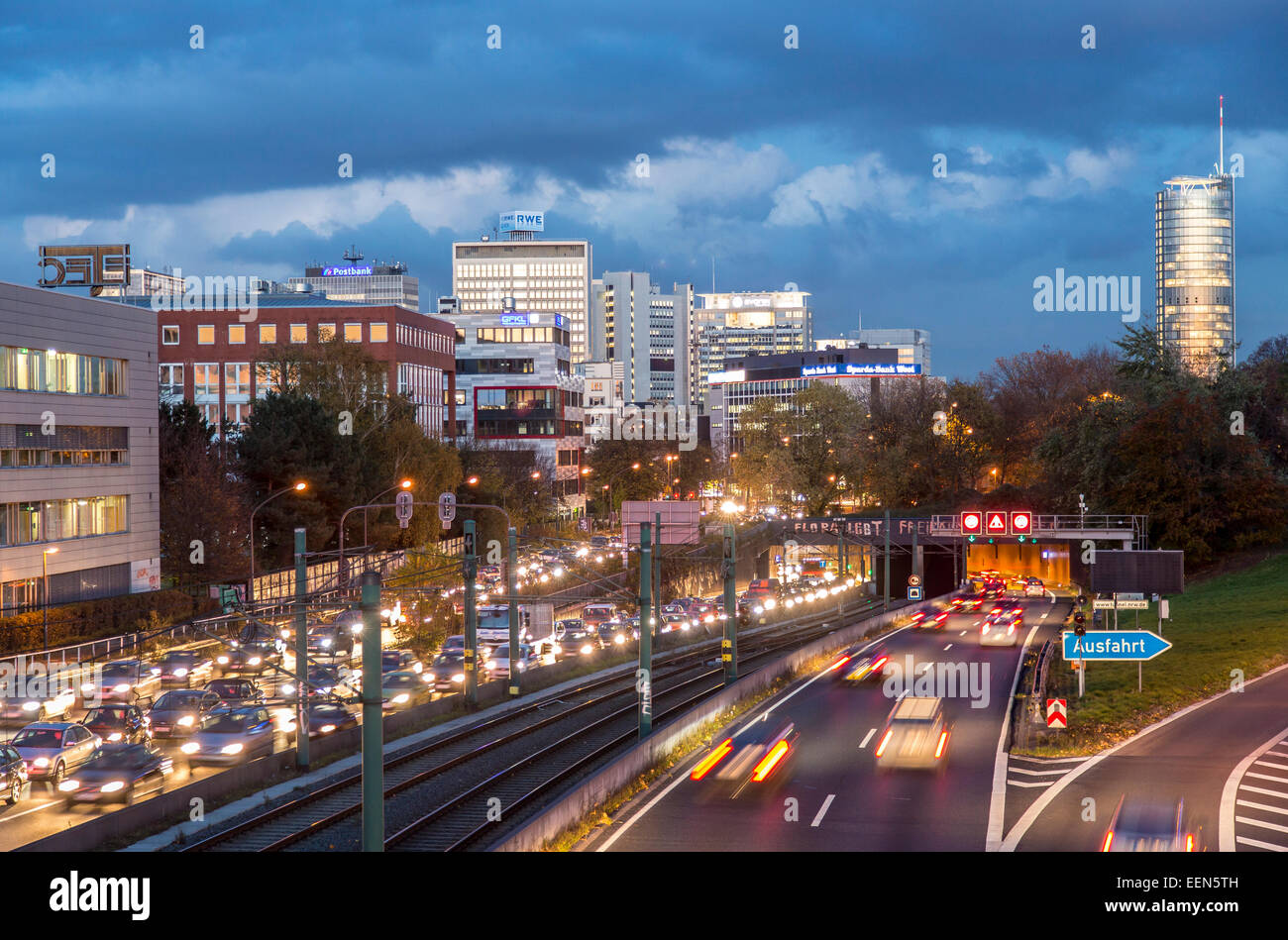 Rush hour, heavy traffic on A40 motorway, Autobahn, in the evening ...