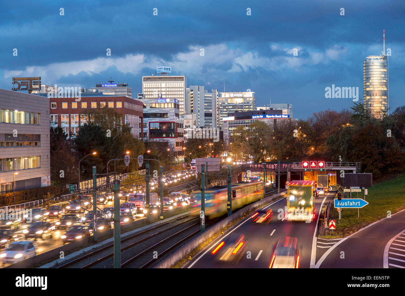 Rush hour, heavy traffic on A40 motorway, Autobahn, in the evening ...