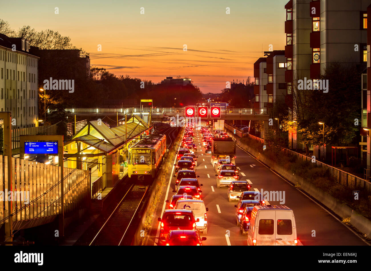 Rush hour, heavy traffic on A40 motorway, Autobahn, in the evening ...