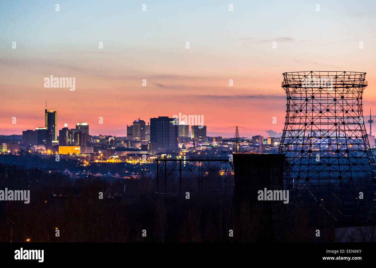 Skyline of the city center of Essen, Germany, dusk, at night Stock ...