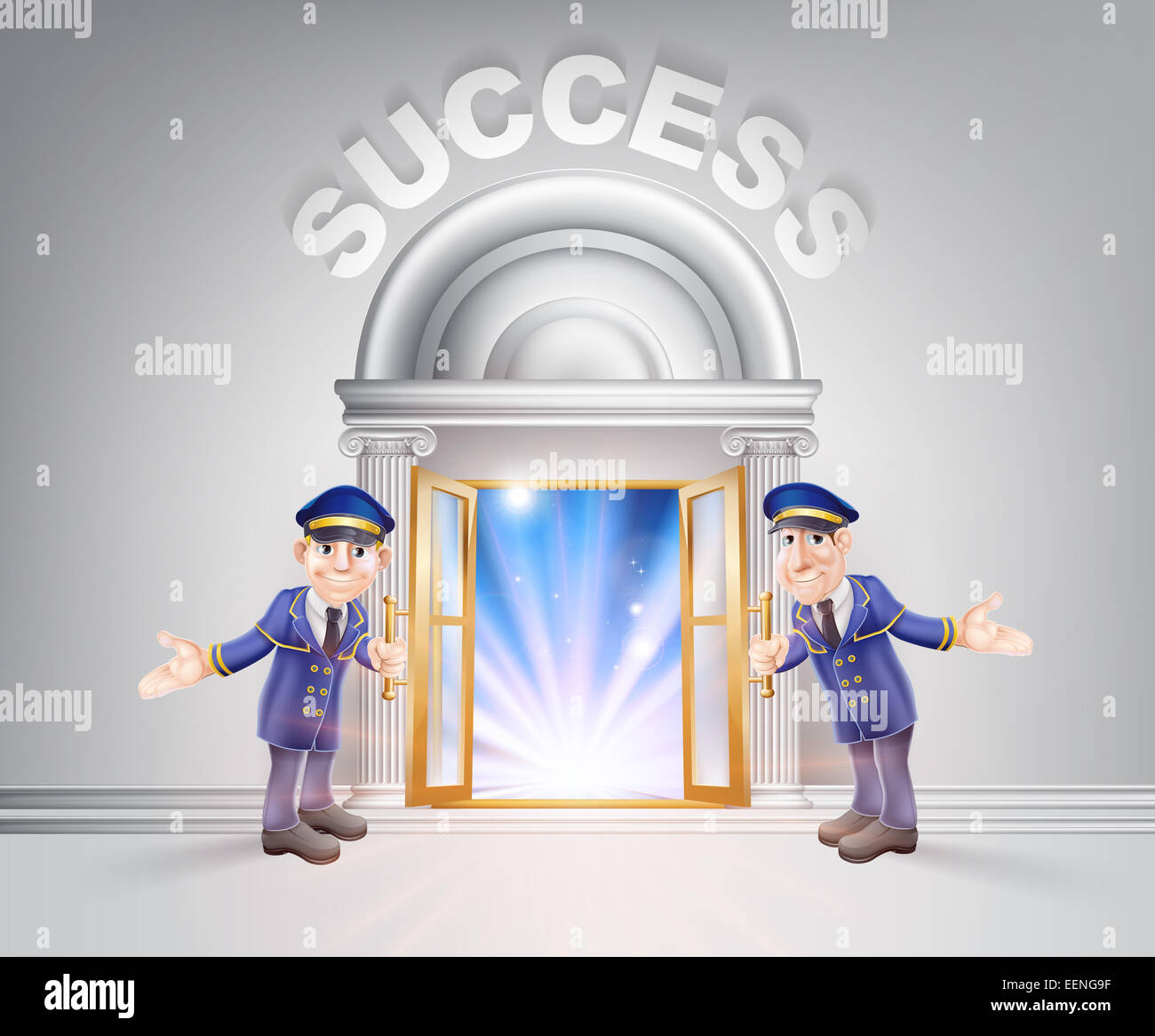 Success concept of a doormen hoding open a door to success with light ...