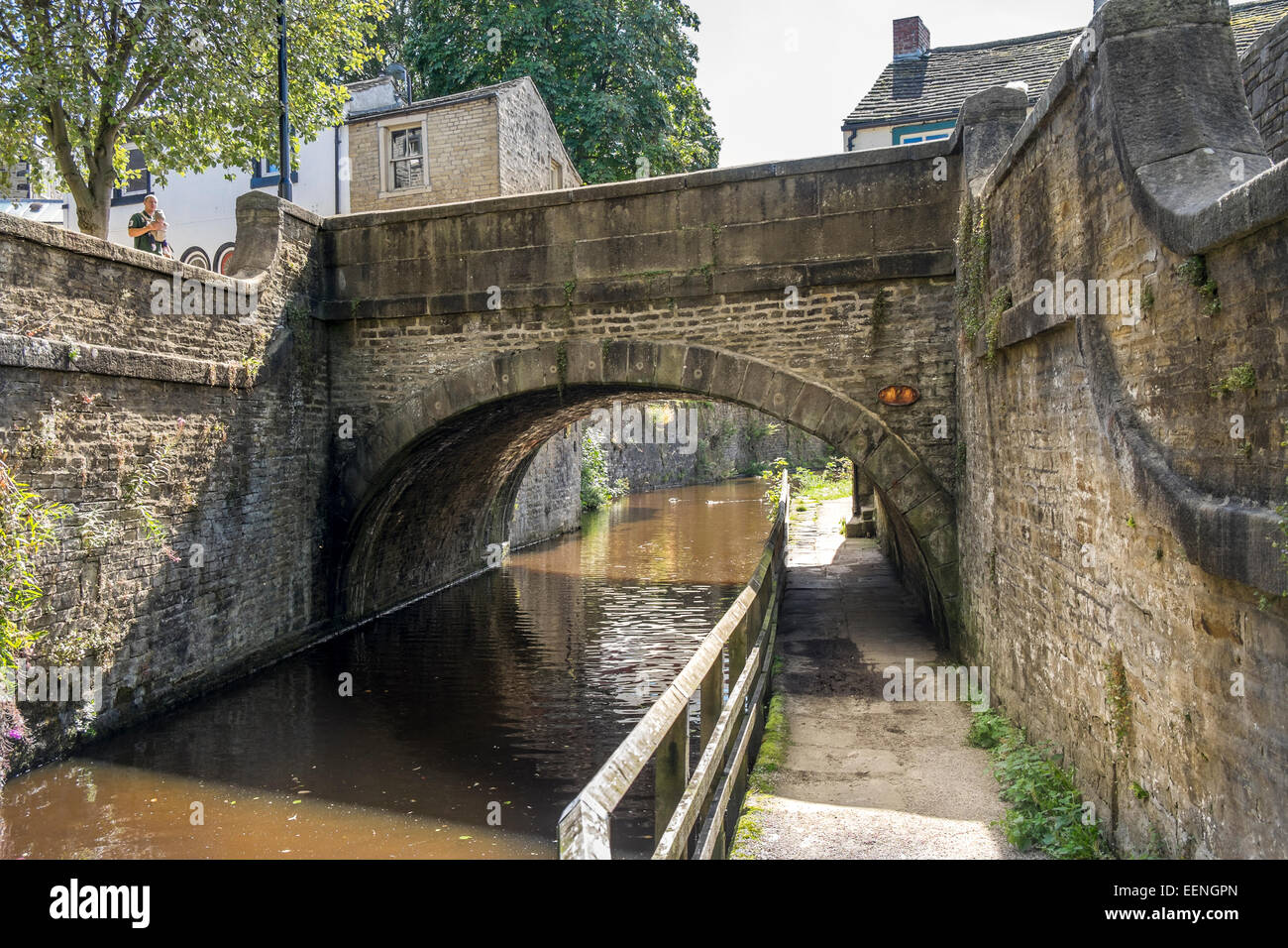 A tow path down the side of a canal which runs under a small bridge ...