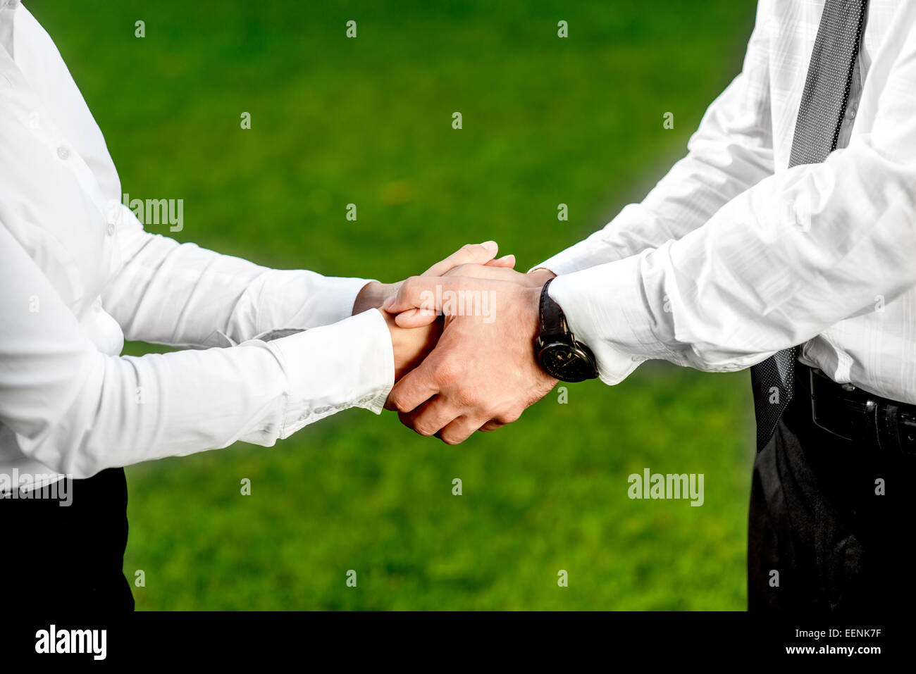 Business couple shaking hands outdoors on green background Stock Photo ...