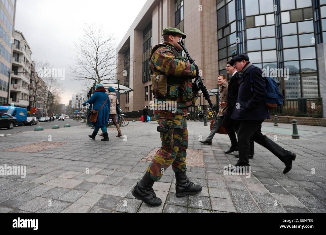 Brussels, Belgium. 20th January, 2015. A Belgian soldier patrols ...