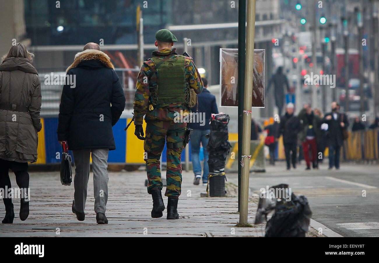Brussels, Belgium. 20th January, 2015. A Belgian soldier patrols ...