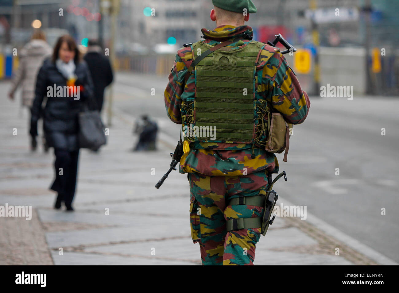 Brussels, Belgium. 20th January, 2015. A Belgian soldier patrols ...