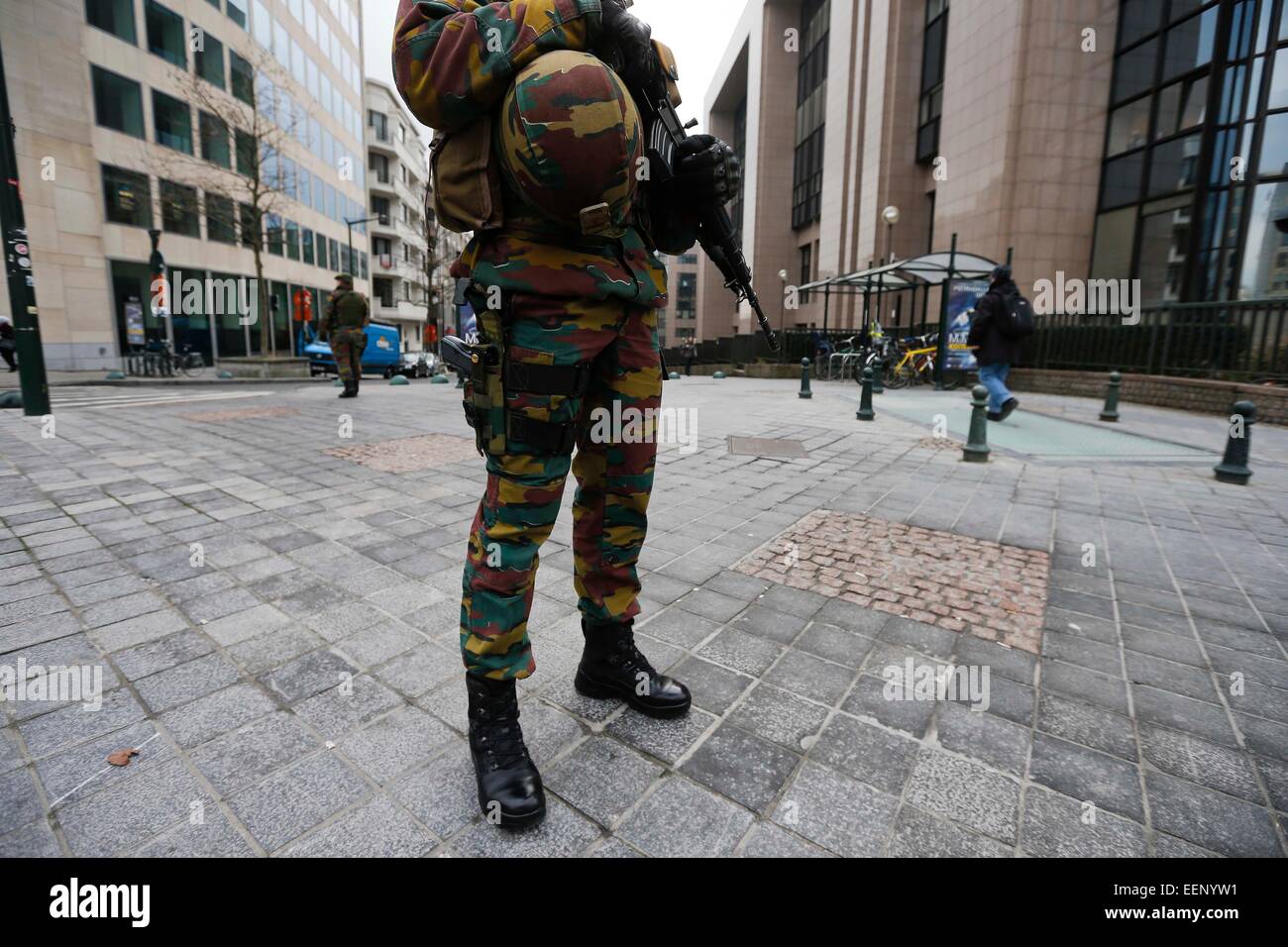 Brussels, Belgium. 20th January, 2015. A Belgian soldier patrols ...