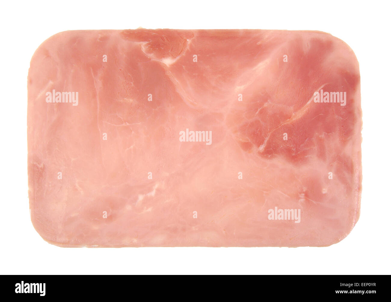 Closeup of one cooked and boiled ham sausage slice isolated on white ...