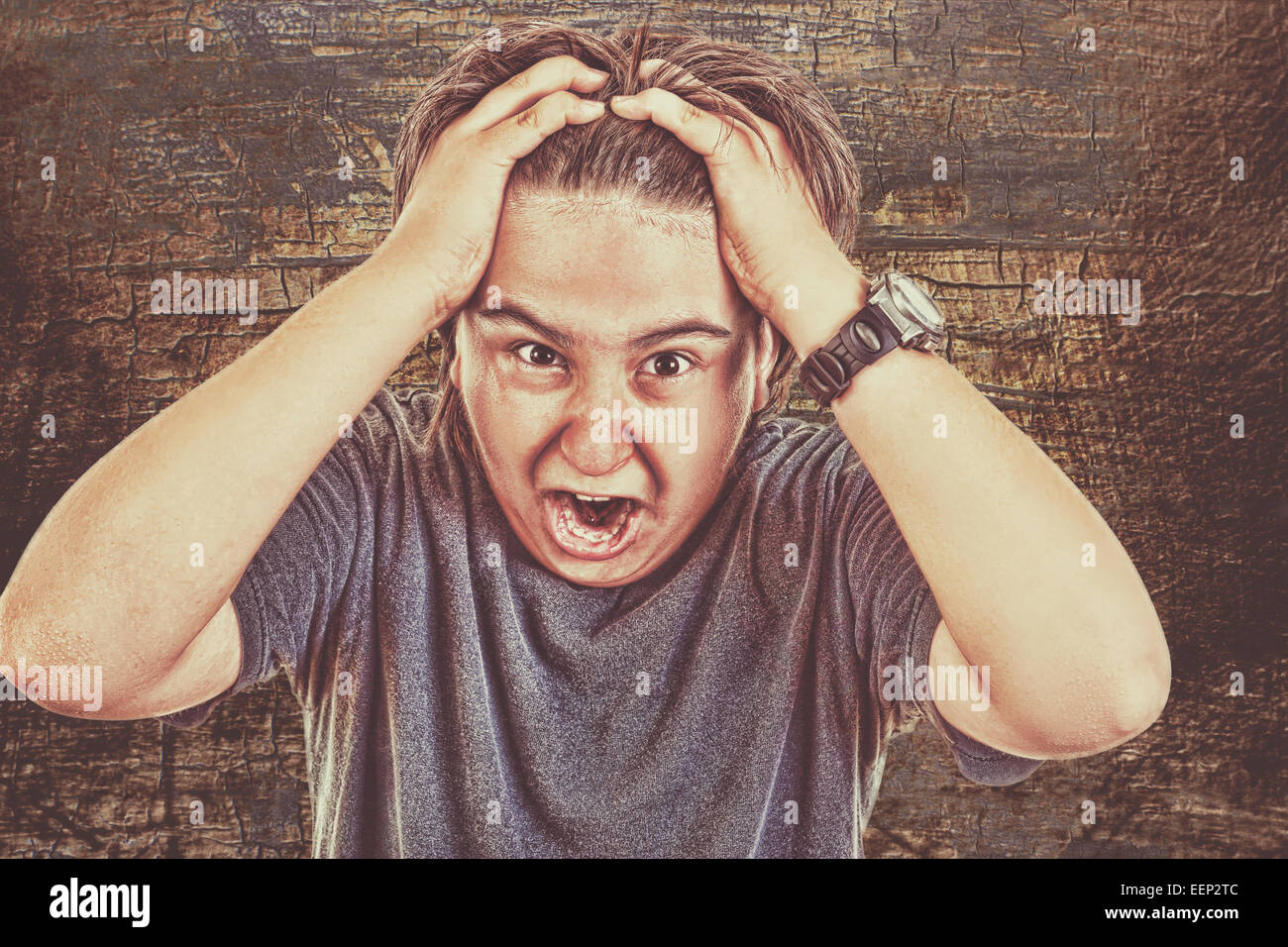 Shocked and scared young caucasian chubby kid or boy gesturing surprise ...