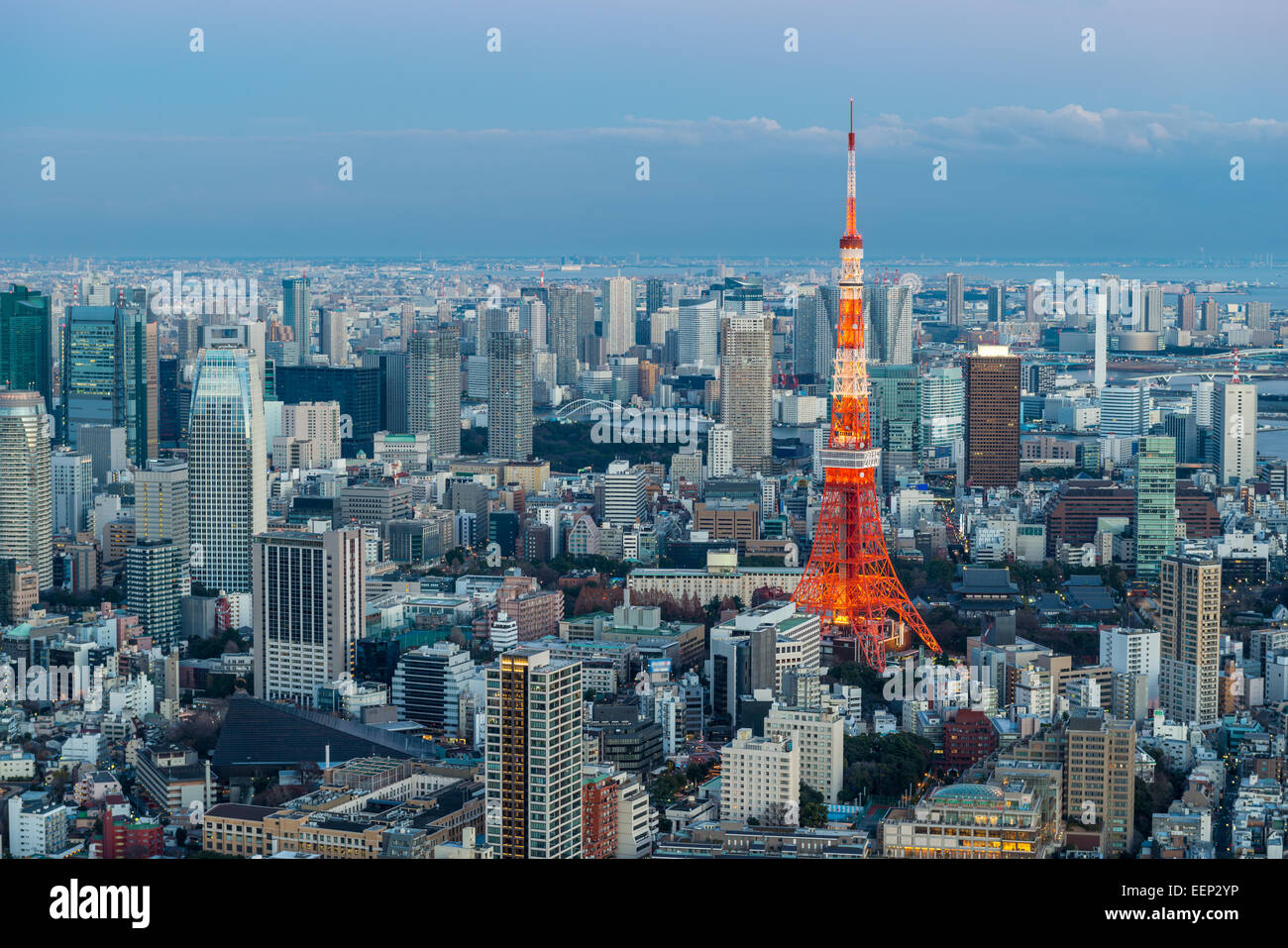Tokyo Tower stands out among the Tokyo cityscape as evening approaches ...