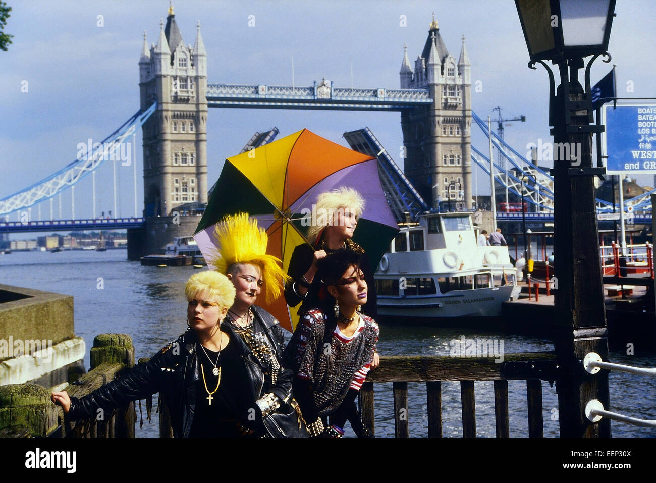 Female punk rockers posing in front of Tower Bridge. London. Circa 1985 ...