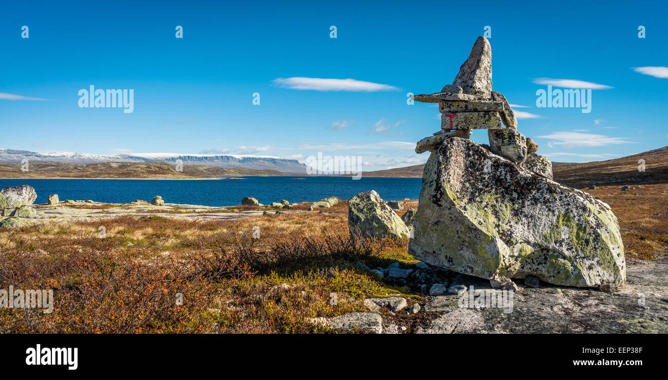 Hardangervidda, Norway - Cairn on the trail to the DNT hut Krækkjahytta ...