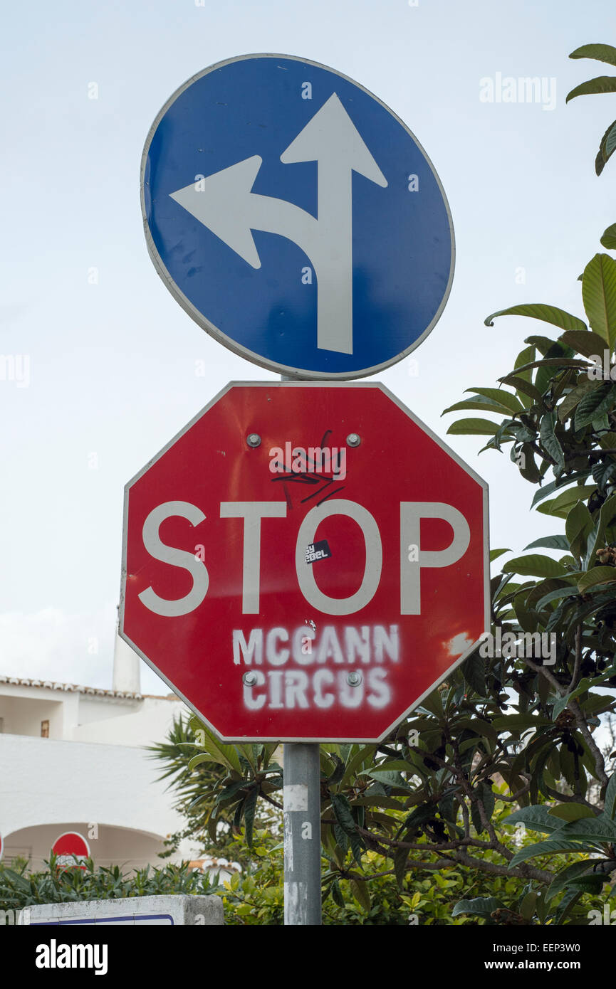 stop sign in Praia da Luz with 'stop McCann Circus' written on it Stock ...