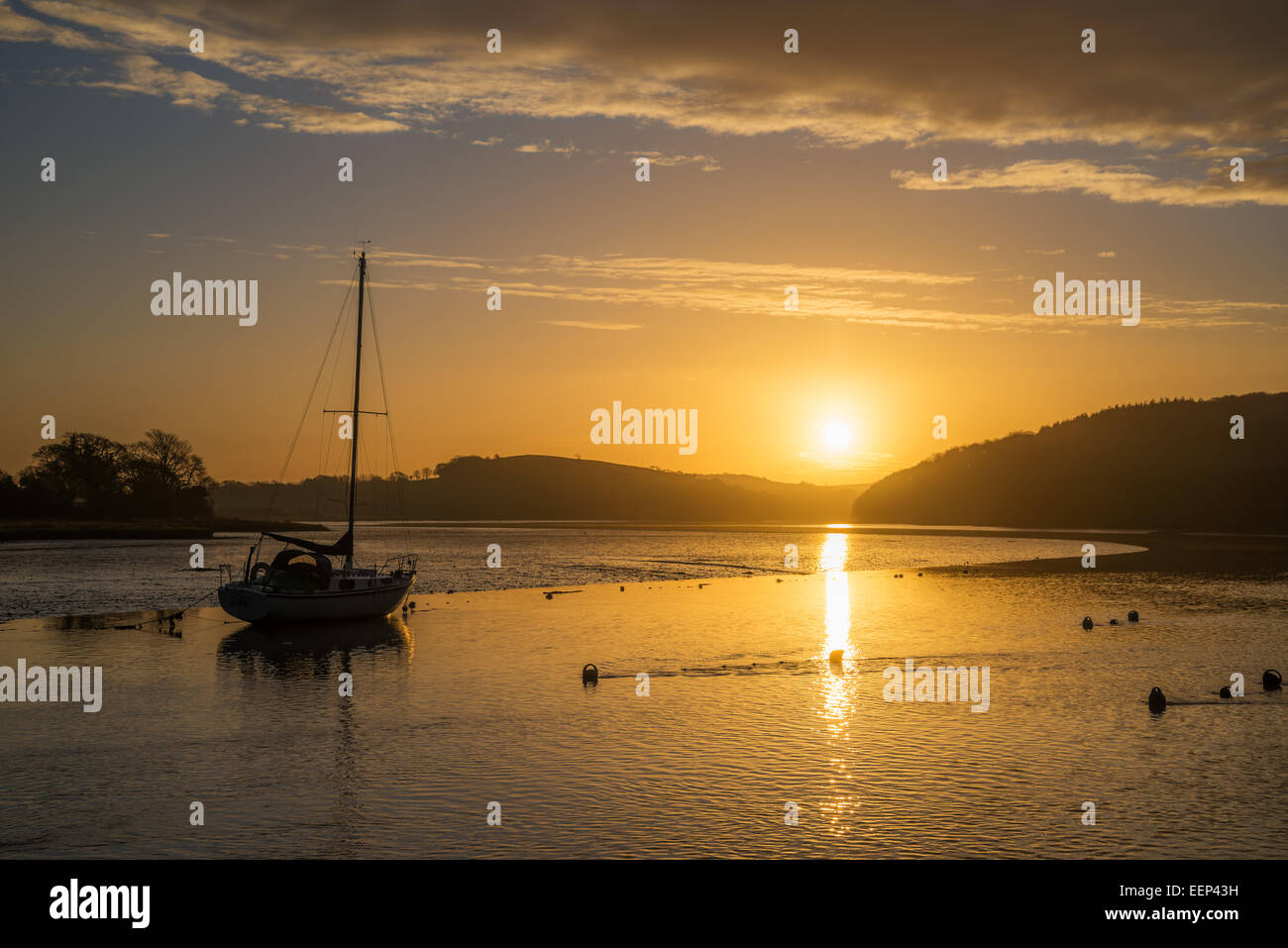 Sunrise on the river lynher with beautiful sky and golden reflections ...