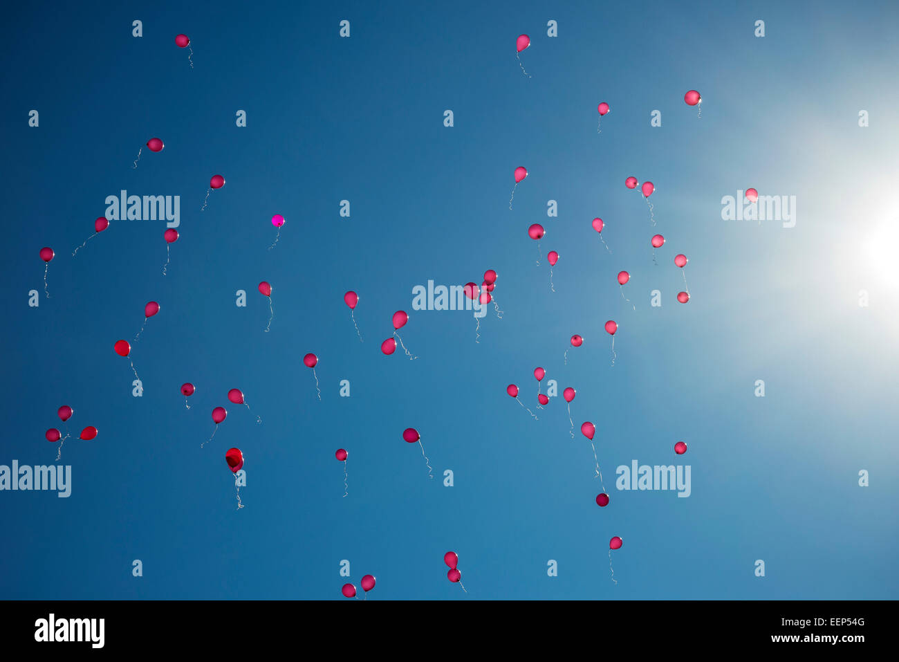 Balloons floating in the sky towards the sun Stock Photo - Alamy