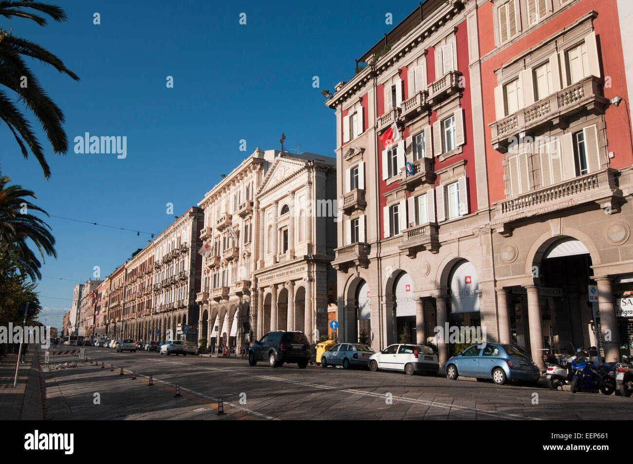 Foresight of Cagliari town, the main road of via Roma, in front of the ...
