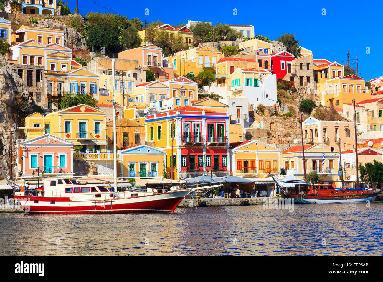 Boats in harbour at Symi Island in the Dodecanese Greece Europe Stock ...