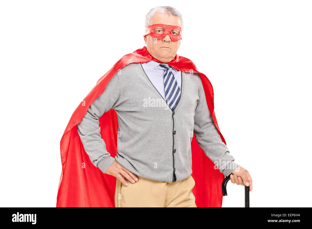 Senior superhero posing with a cane isolated on white background Stock ...
