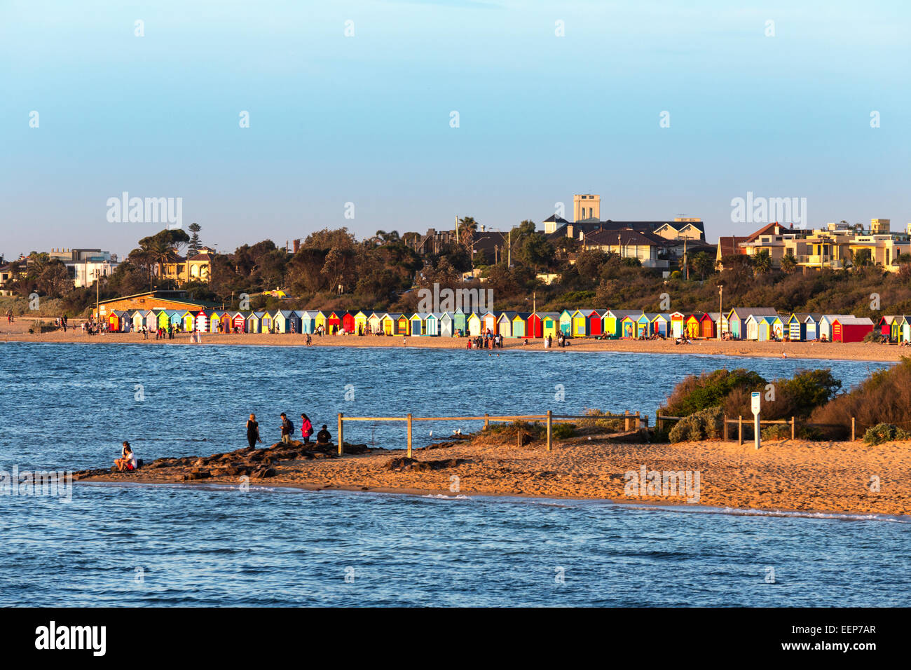 Colorful bathing boxes at Brighton Beach, Melbourne. Afternoon light ...