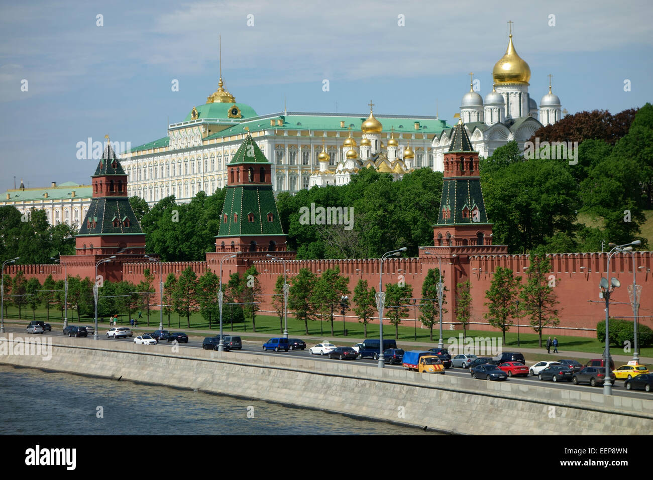 View of the Kremlin wall, towers, cathedral churches and Great Kremlin ...