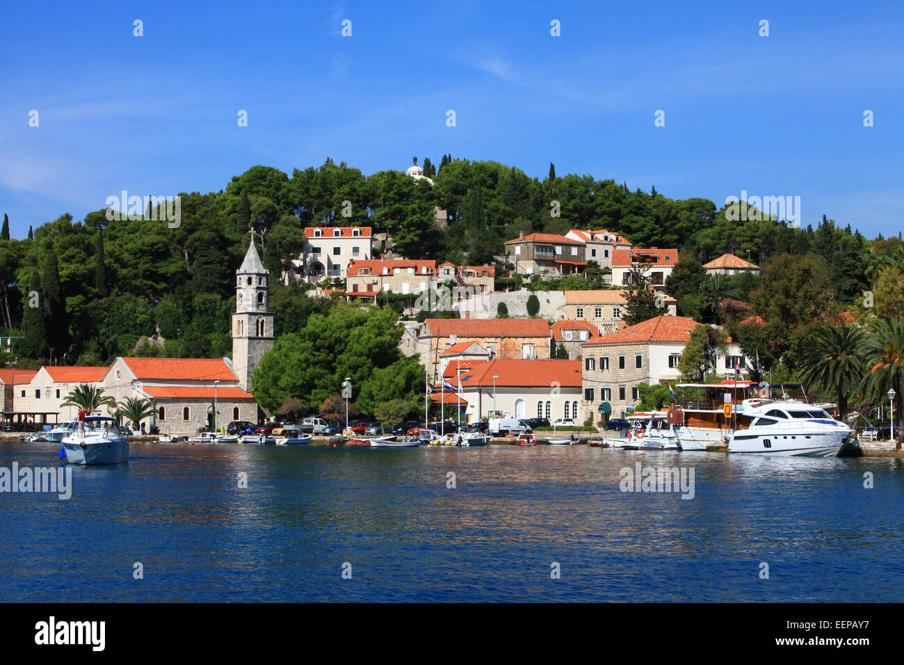 Cavtat, Harbour front, Croatia with boats in harbour and Yachts on the ...