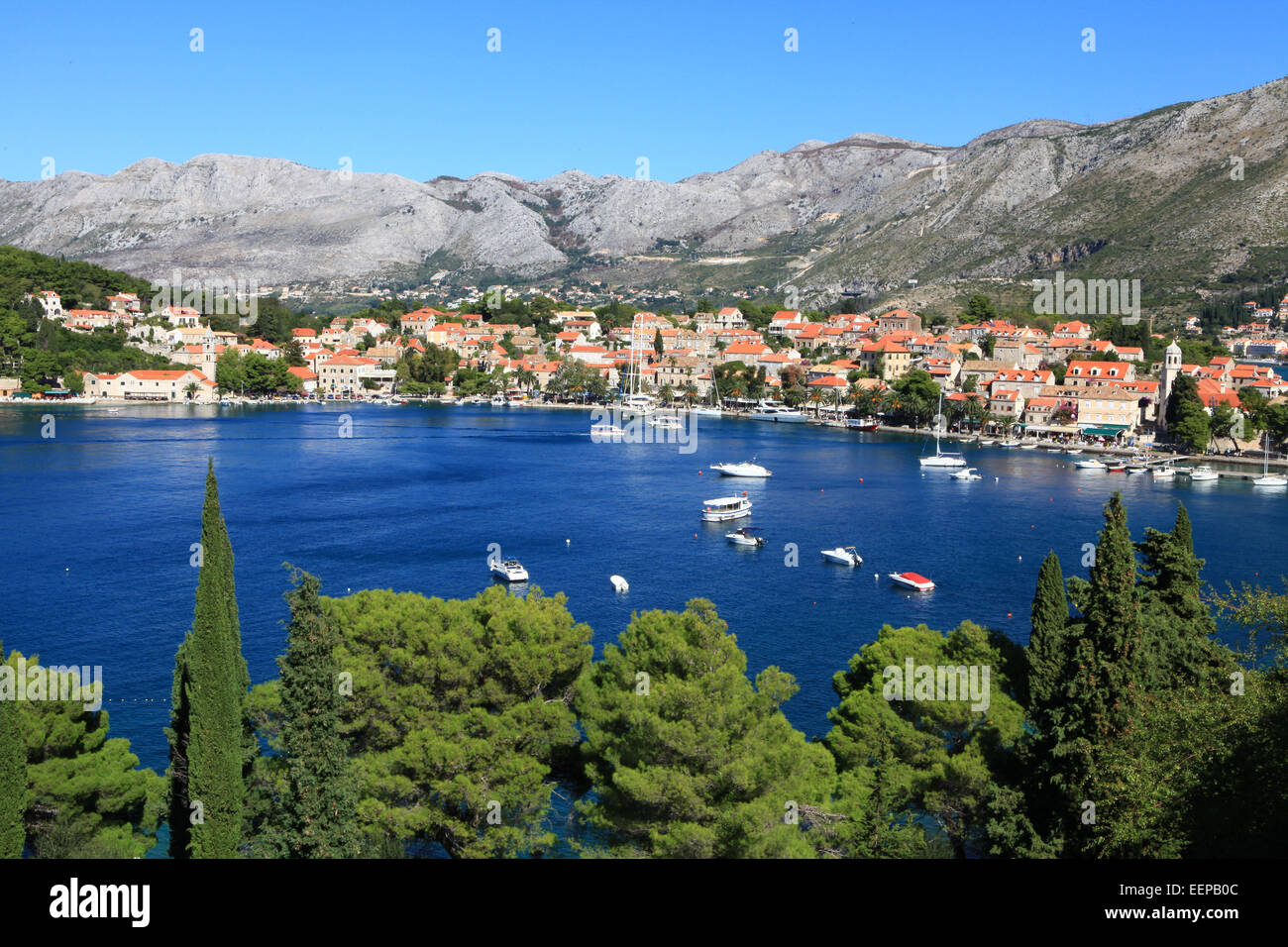 Cavtat, Harbour front, Croatia with boats in harbour and Yachts on the ...