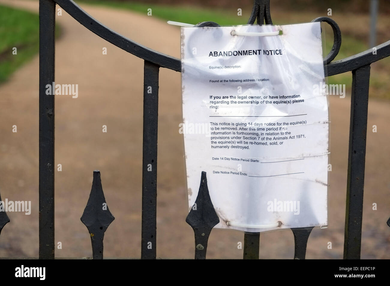 Notice fixed to a park gate referring to the abandonment of horses on ...