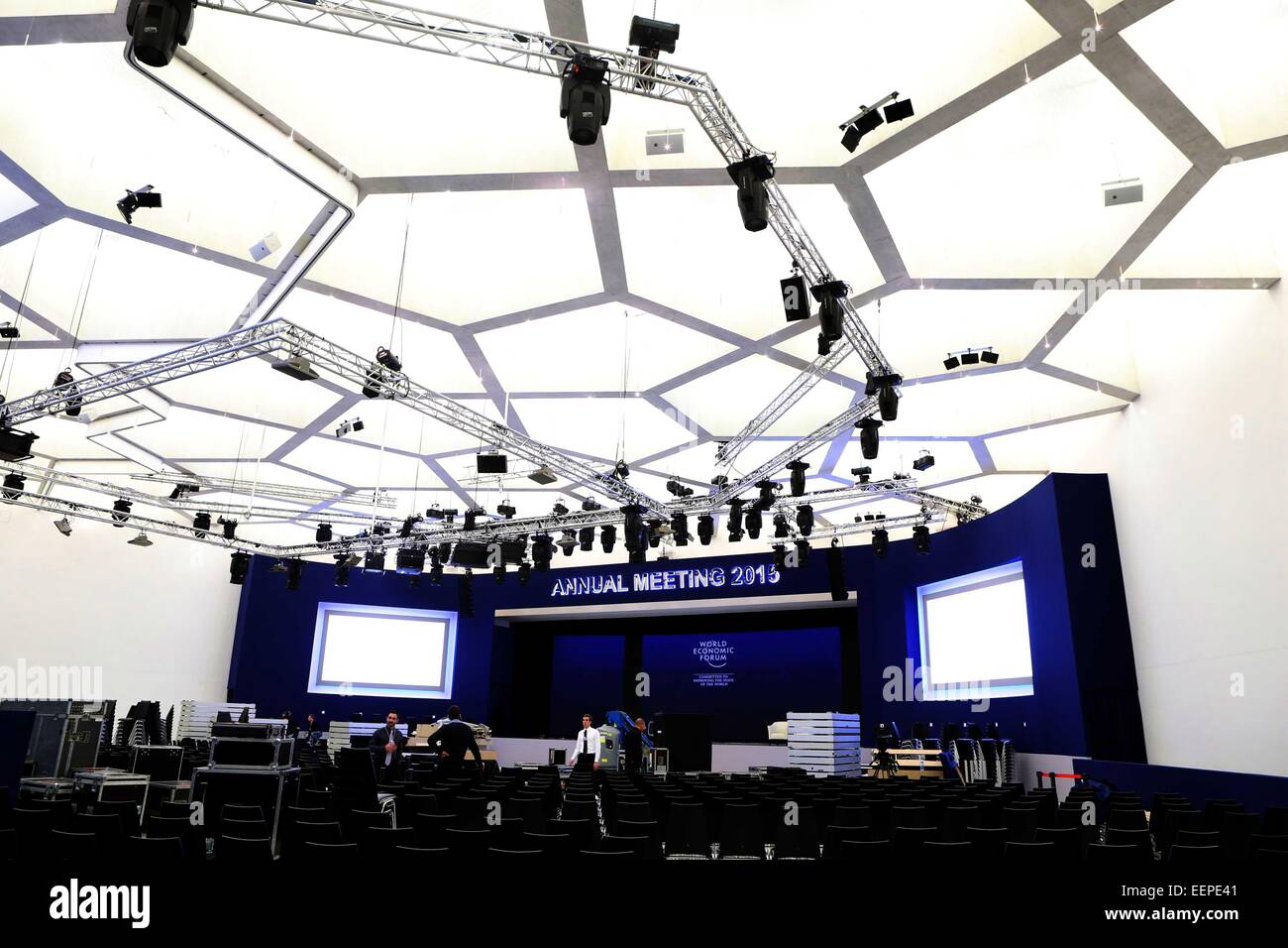 Davos, Switzerland. 20th Jan, 2015. Staff members work at the Congress ...
