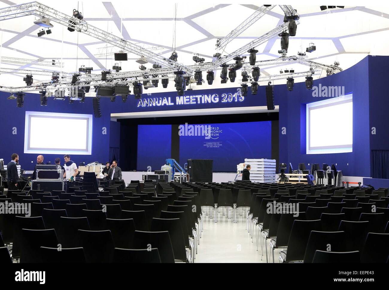 Davos, Switzerland. 20th Jan, 2015. Staff members work at the Congress ...