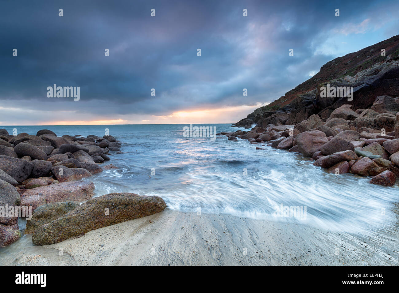 The beach at Penberth Cove a small fishing village in the far west of ...